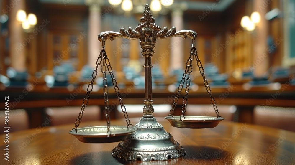 Classic balance scales stand proudly amid wood-paneled courtroom decor ...