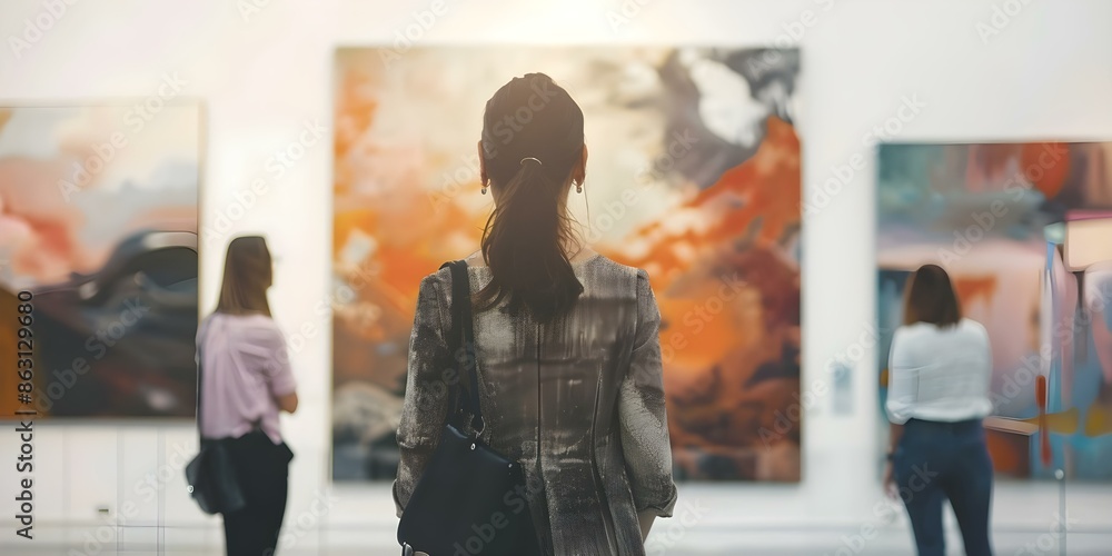 Elegant woman gallery manager overseeing contemporary art exhibition ...