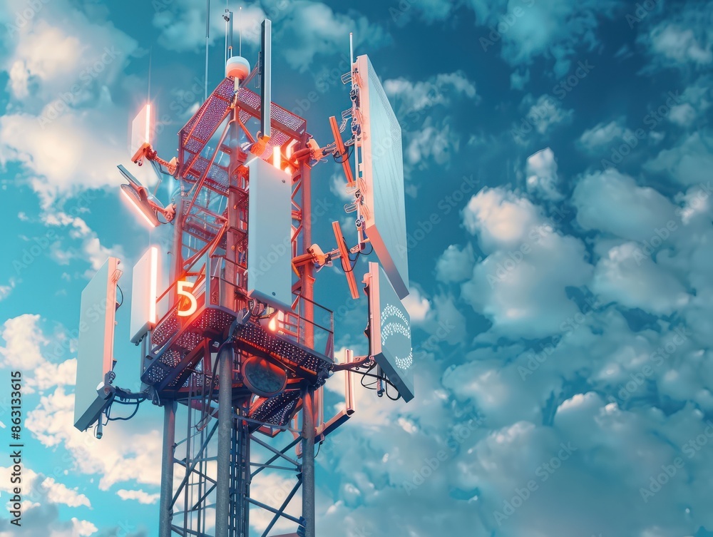 A telecommunication tower equipped with a 5G cellular network antenna ...