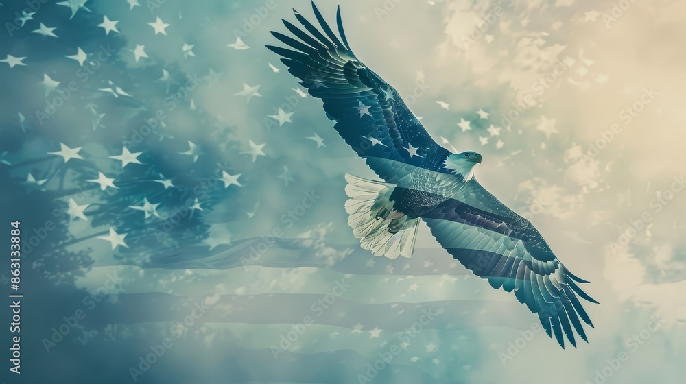 Dramatic double-exposure image of a majestic eagle soaring gracefully ...