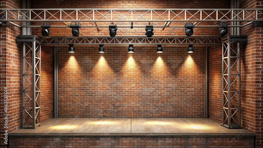Concert stage with brick walls, metal trusses and soffit lights ...