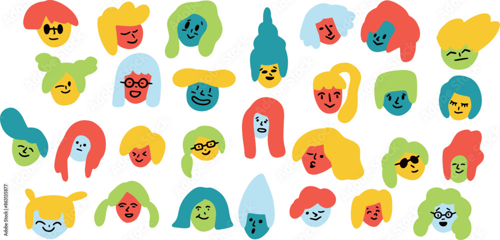 Woman doodle drawing set. Female face portrait. Group of cartoon ...