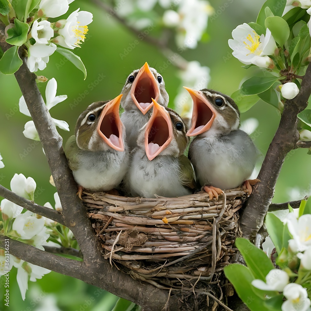 Bird brood in nest on blooming tree, baby birds, nesting with wide open ...