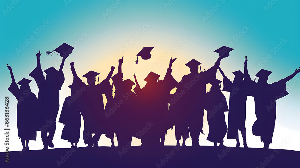 Cheerful graduate students with diploma and academic caps, silhouette ...