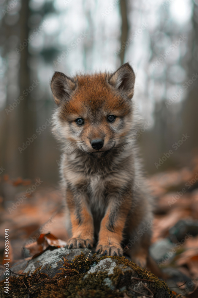 Young wolf pups exploring the forest, with curious eyes and fluffy fur ...