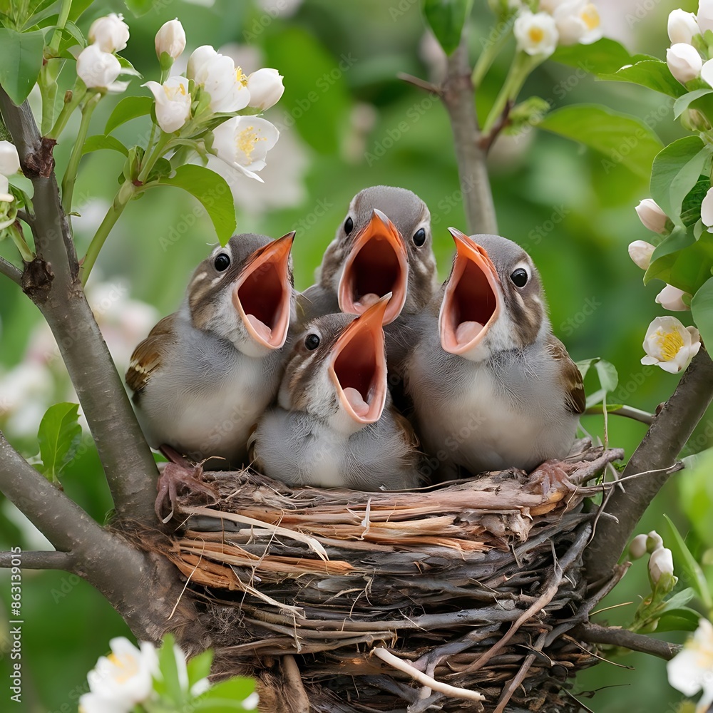 Bird brood in nest on blooming tree, baby birds, nesting with wide open ...