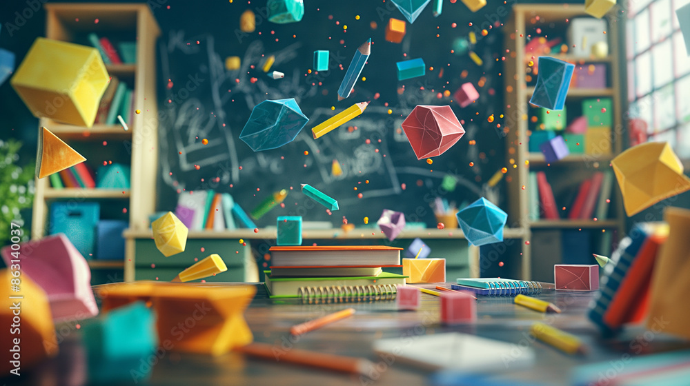 Colorful blocks and shapes floating in a bright classroom. Stock ...