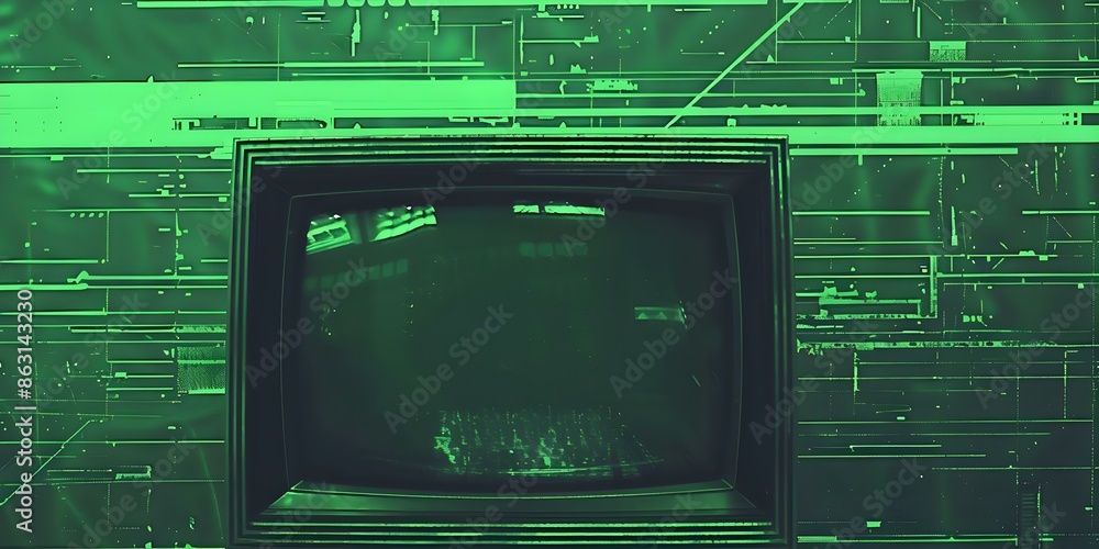 Green retro VHS scanlines with TV static noise glitch background ...