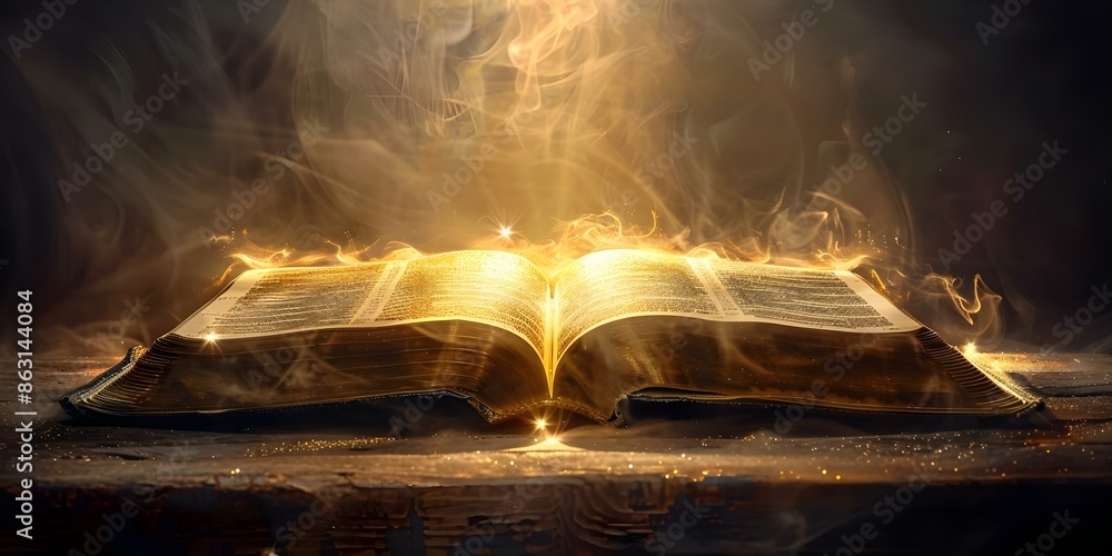 Bible illuminates darkness with golden knowledge from open book in ...