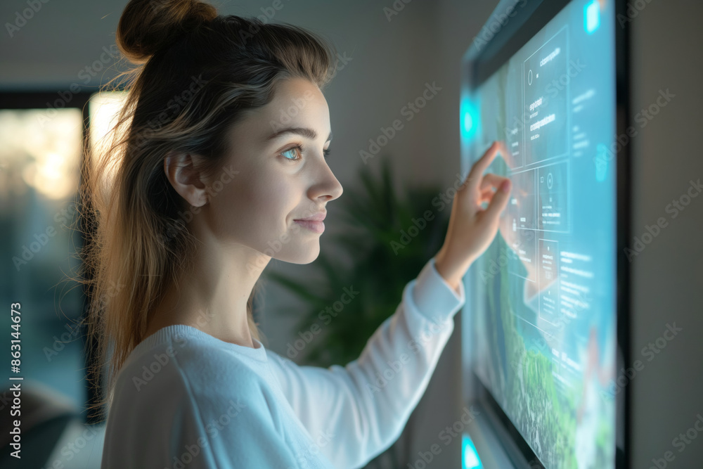 A woman is interacting with a screen by pressing a button, which could ...