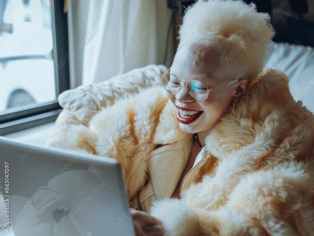 Happy albino woman working remotely at home. Candid black woman with ...