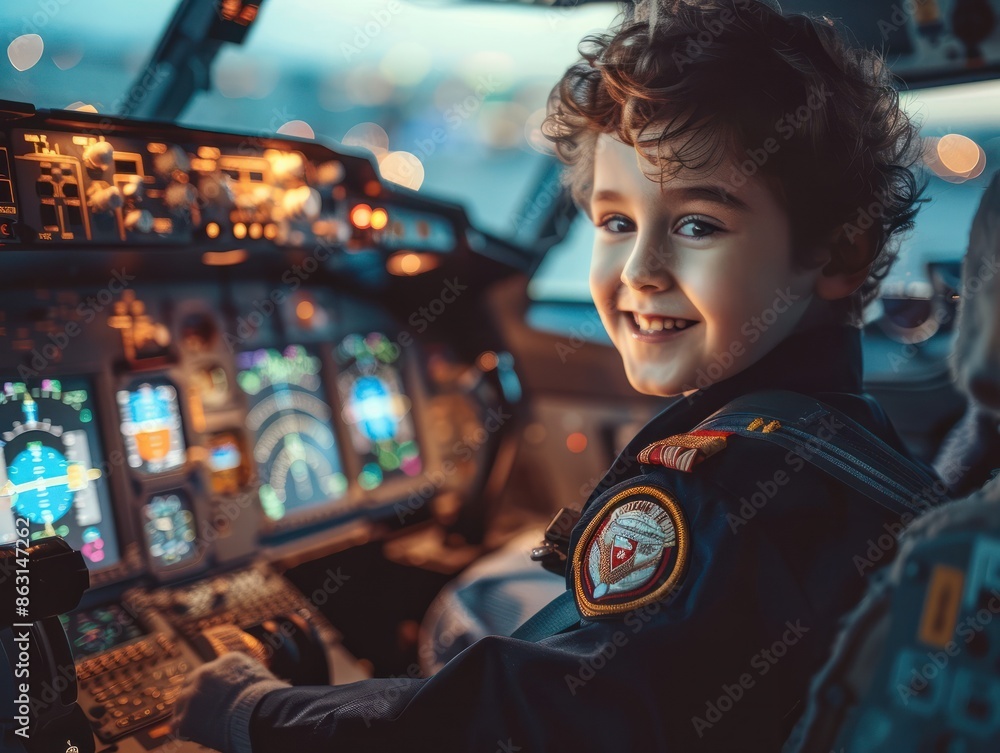 Happy kid dream job airplane captain in a pilot suit posing inside the ...