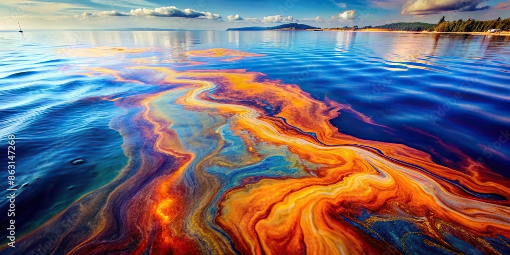 Water pollution from slick oil fuel spill , polluted, environment ...