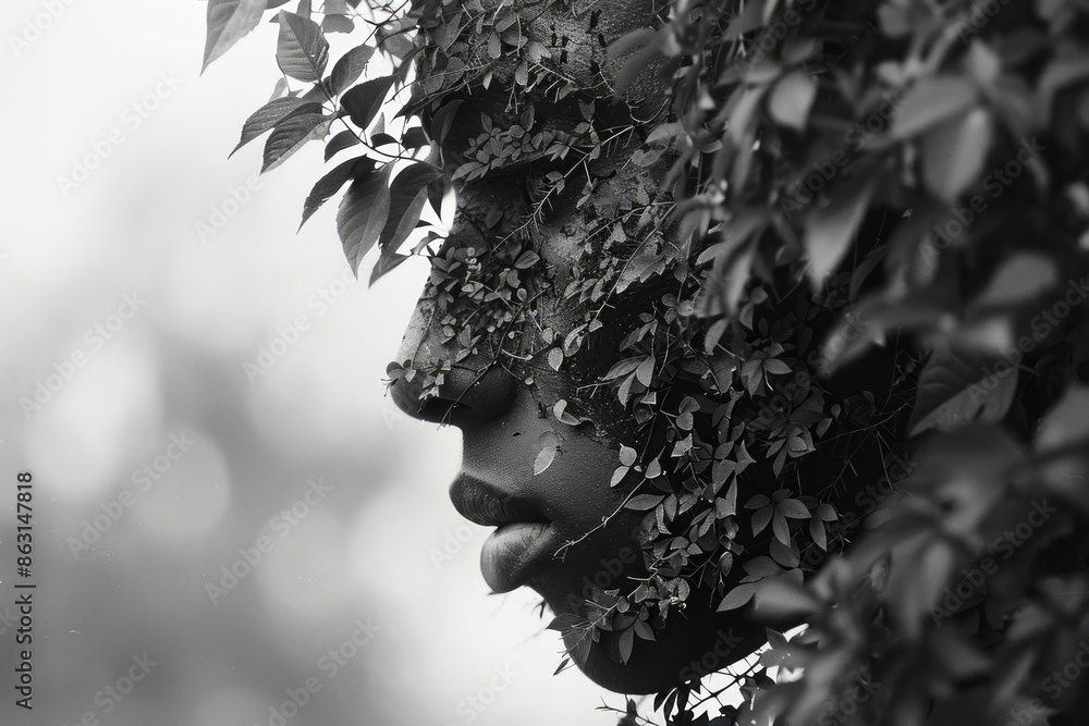 Silhouette of a human body formed by intertwining leaves and vines ...