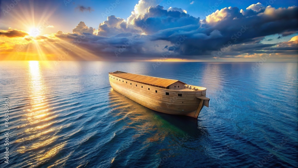 Bird's eye view of Noah's Ark on sunlit ocean, Noah's Ark, bird's eye ...