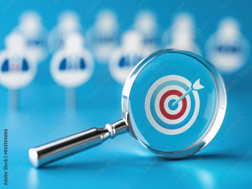 Closeup of magnifying glass with target and person icons on blue ...