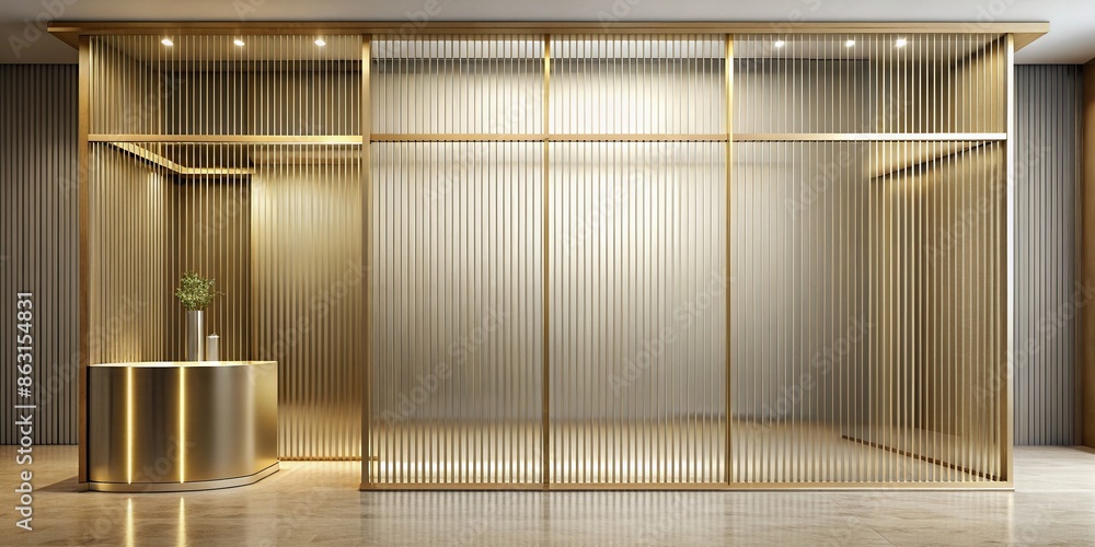 Reeded glass partition on beige gold wall background for luxury product ...
