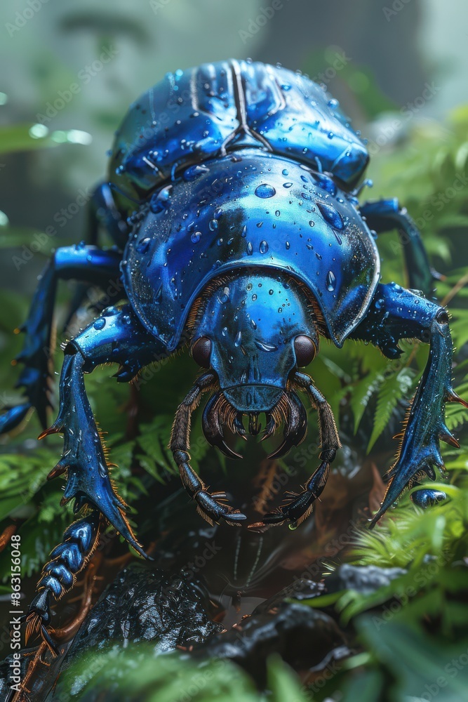 The metallic blue beetle glides over the damp forest floor, its jewel ...
