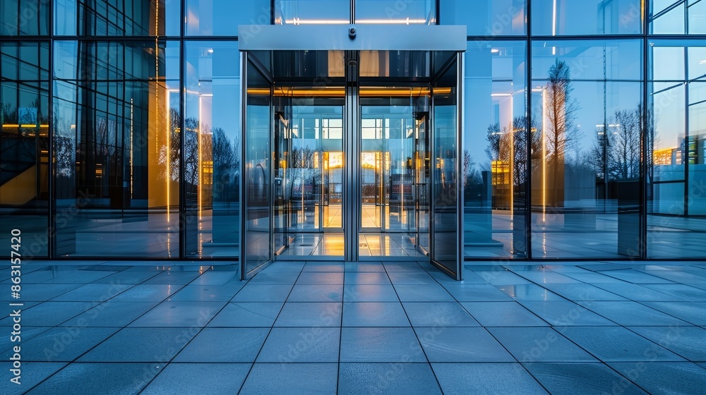 Modern glass building entrance with automatic doors and reflective ...