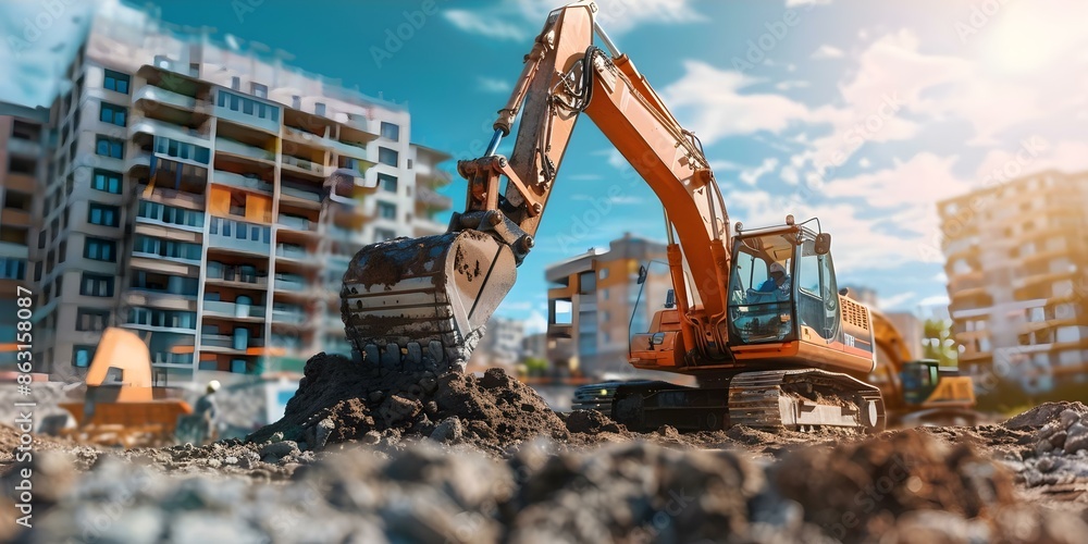Excavation vehicles digging soil at construction site. Concept ...