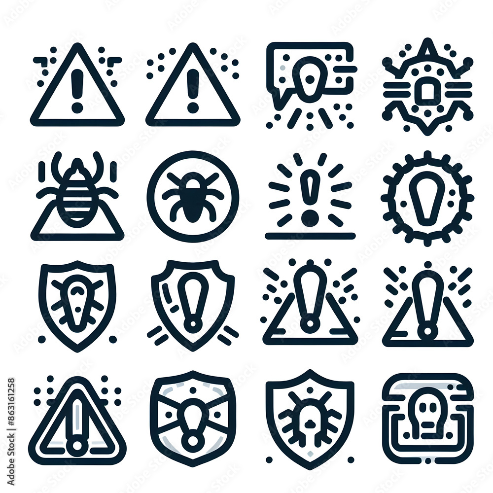 Alert and risk sign line icon set with caution symbols, warning signs ...