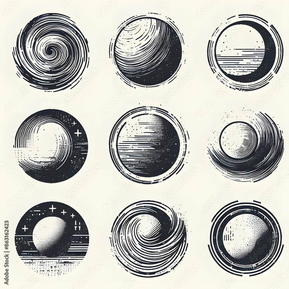 Round circular logo hand-drawn brush stroke icon frames with textured ...