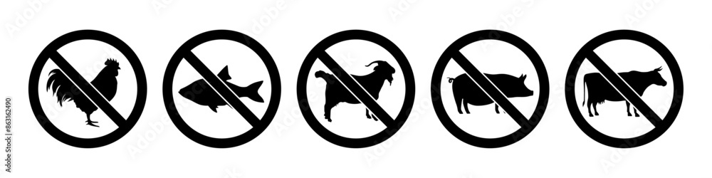 Non-Vegetarian prohibited black ban symbol with chicken, fish, goat ...