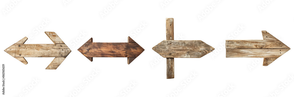 set of a blank wooden arrow sign with rustic finish, against on a ...