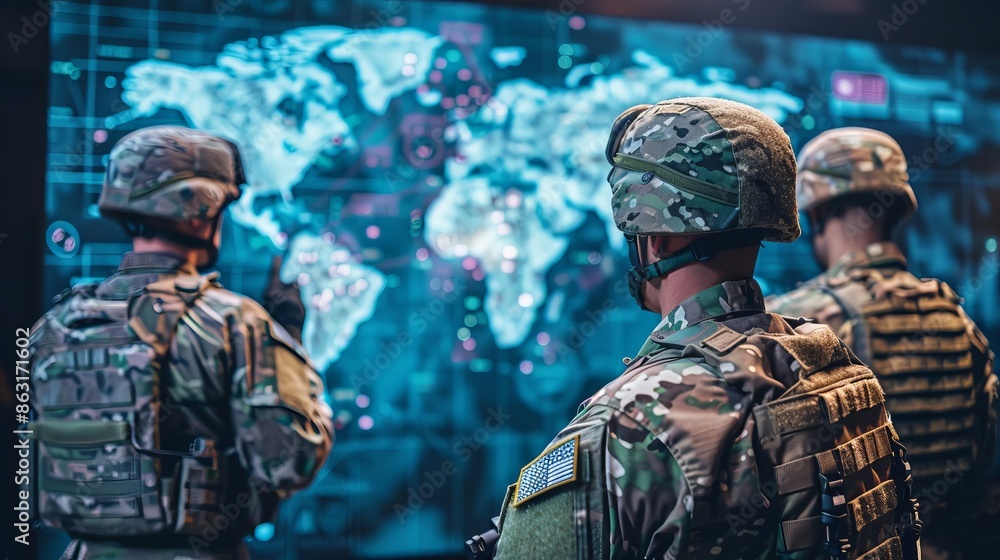 Military officers planning dynamic battlefield strategies, defense ...