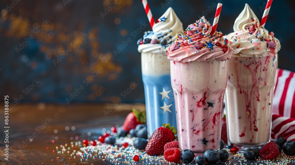 Tall glasses of red, white, and blue milkshakes with USA flags, set on ...