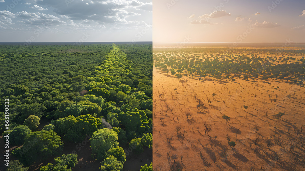 Half barren land, half vibrant forest, environmental conservation ...