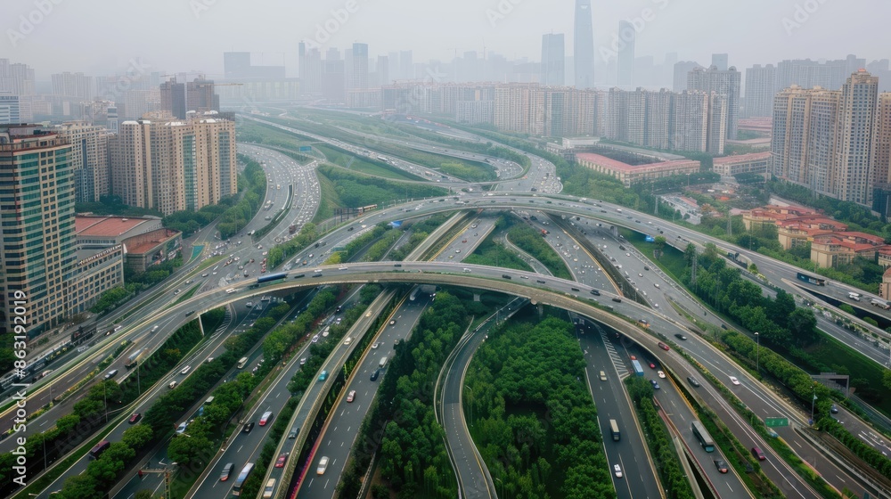 An aerial photo of a vast highway interchange with cars merging and ...
