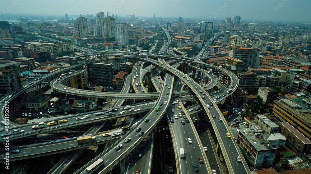An aerial photo of a vast highway interchange with cars merging and ...