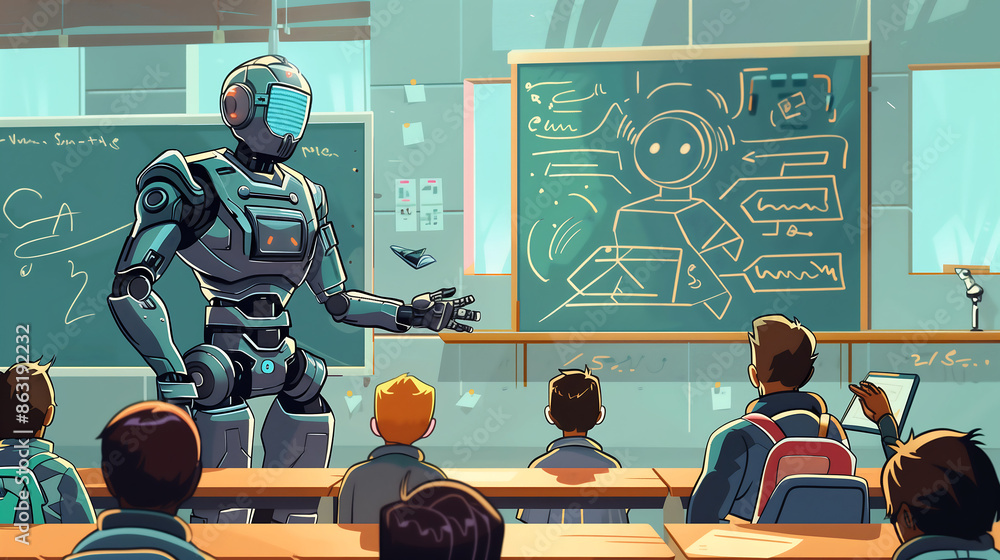 A robot teacher is teaching children in the classroom, with blackboards ...