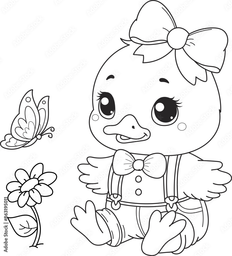 Coloring page outline of the cartoon smiling cute duck with butterfly ...