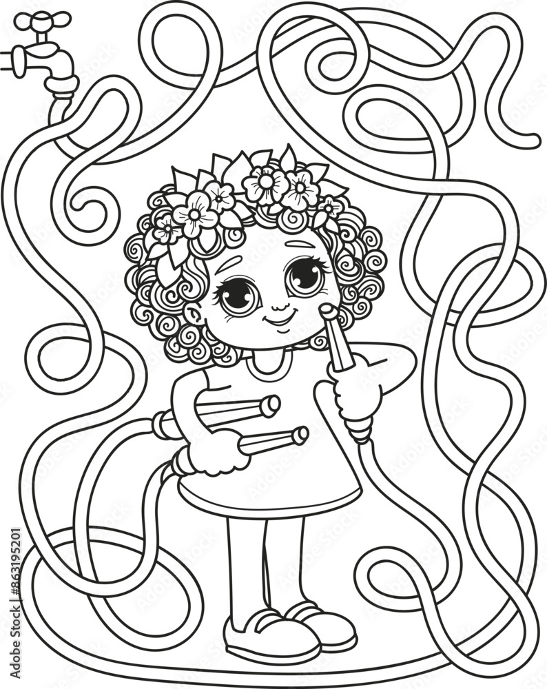 Help the girl to find the right water hose. Coloring page outline of ...