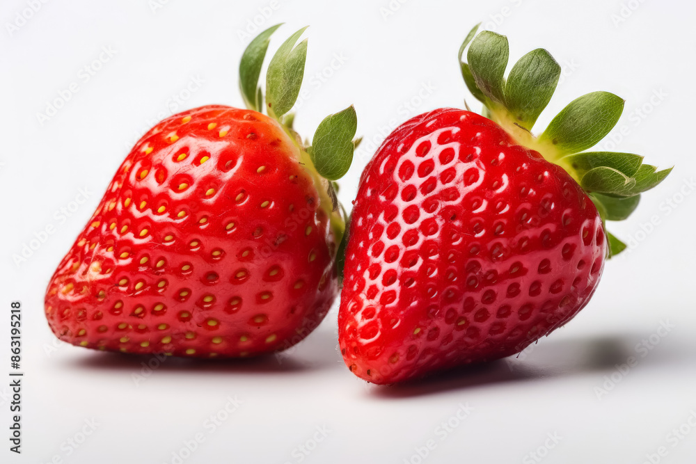 Two red strawberries are placed next to each other on a white ...