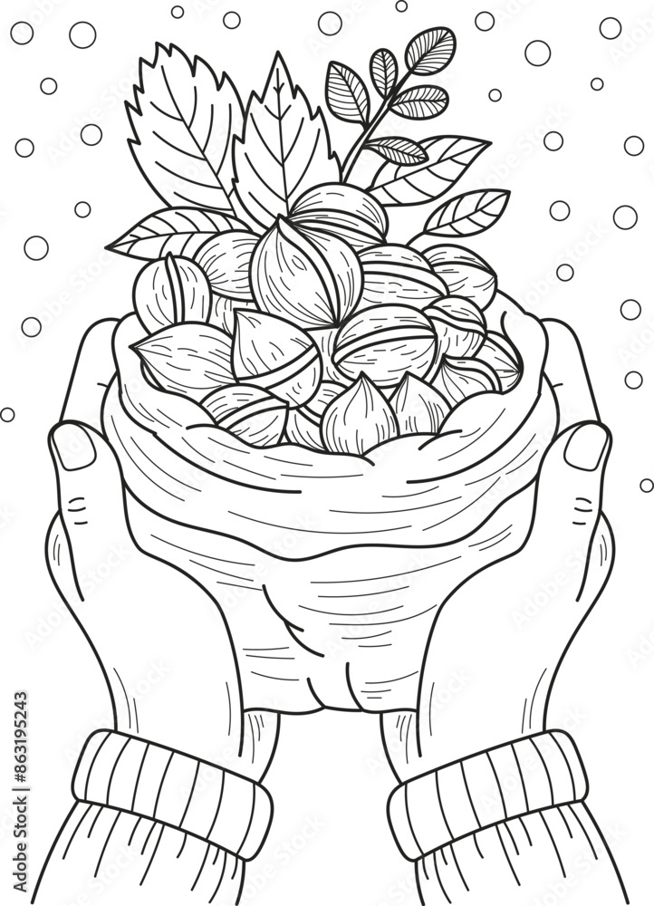 Coloring page outline of cartoon cute nuts in hands. Colorful vector ...