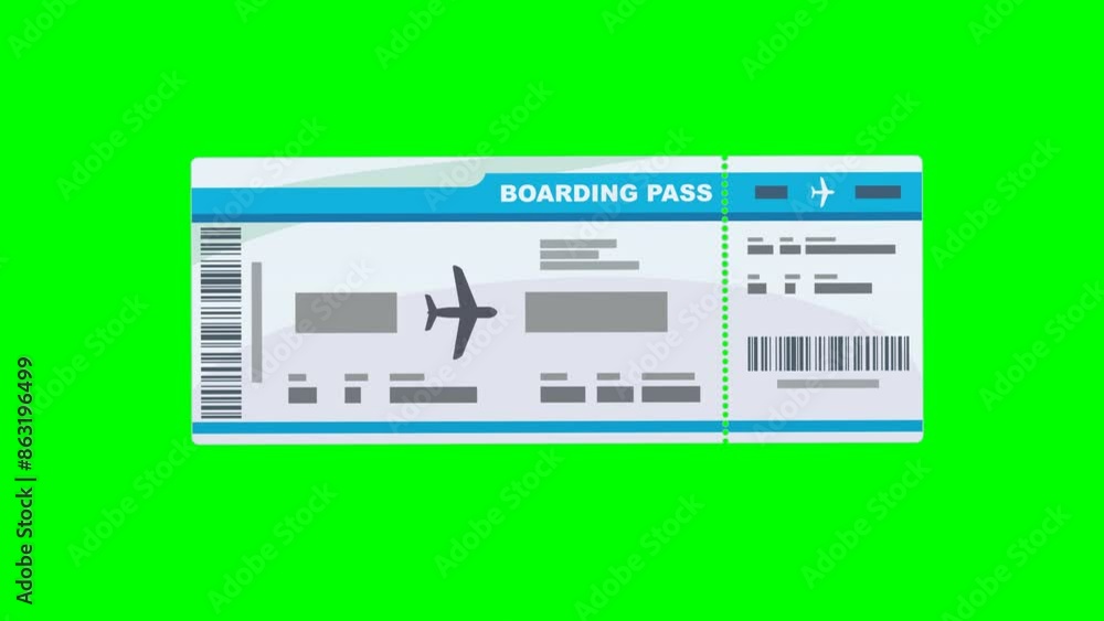 Animation of a boarding pass in the middle of the screen on green ...
