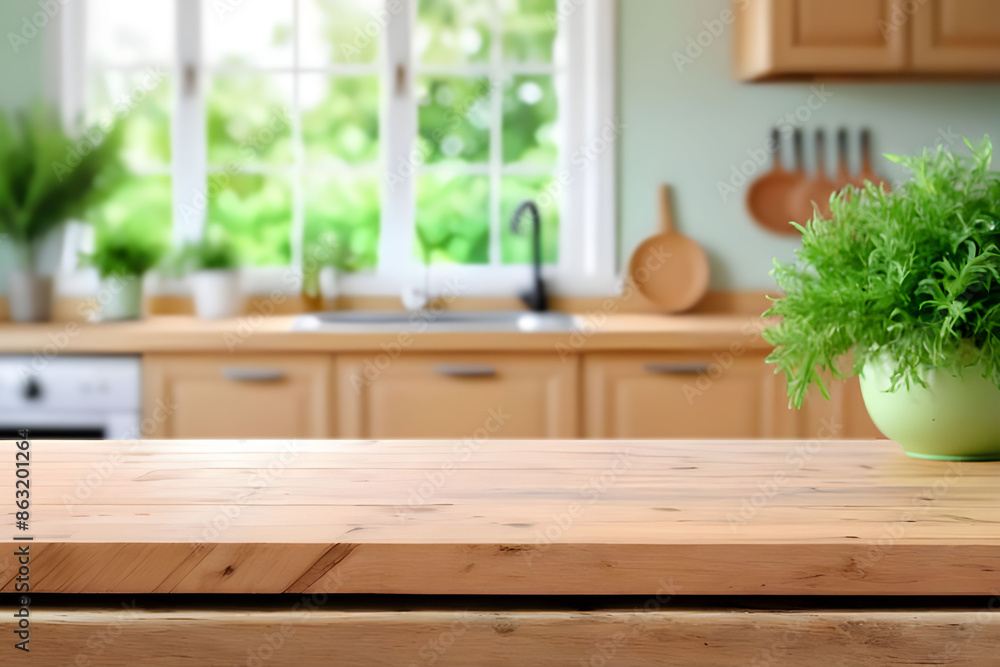 Wooden table on blurred kitchen bench background. Empty wooden table ...