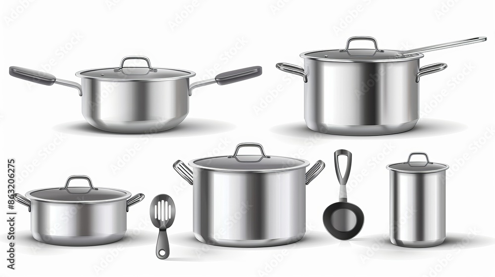 Isolated set of stainless steel pots against a white backdrop. Vector ...