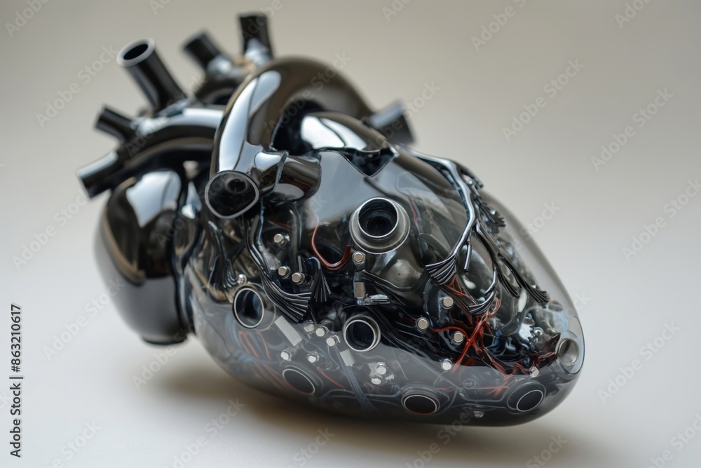 A highly detailed futuristic mechanical heart made of black material ...