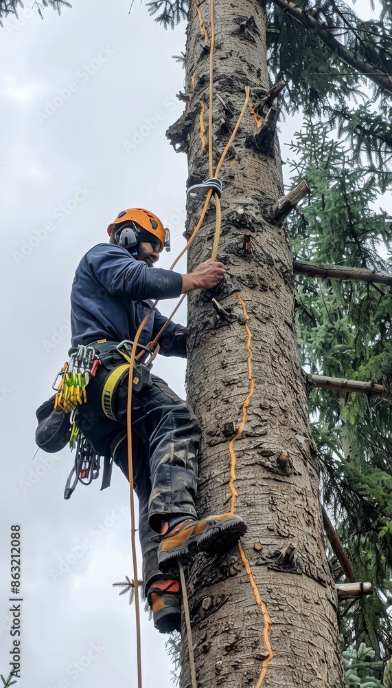 Professional Tree Surgeon Climbing a Tall Tree with Chainsaw for Expert ...