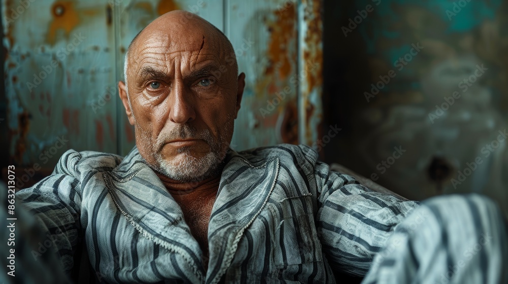 There is a bald man in a striped prison uniform in a jail cell who is ...