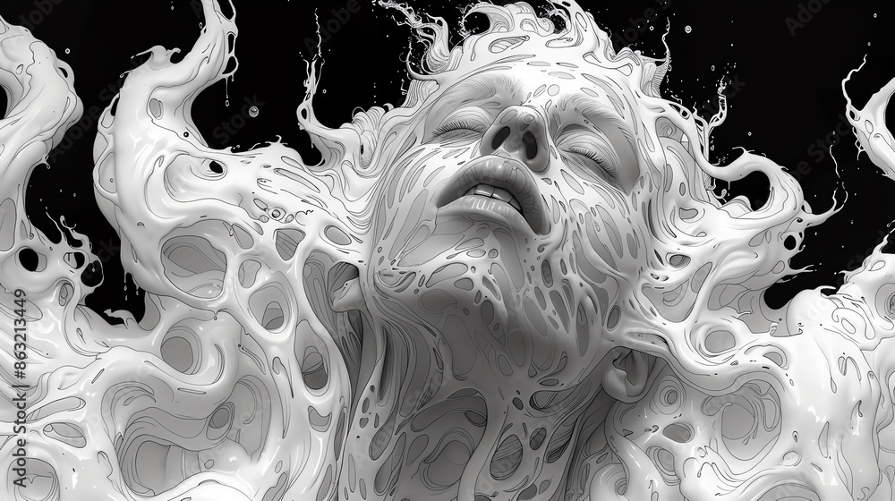Surreal black and white digital artwork of a human face melding with ...