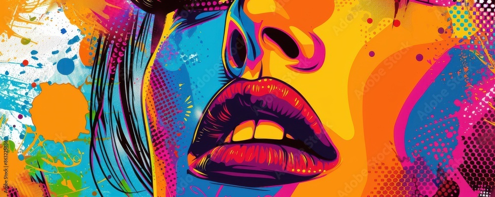 A woman's face with a pink lip is shown in a colorful, pixelated style ...