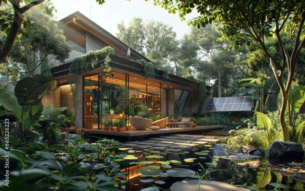 Sustainable living concept, an eco-friendly house with rainwater ...