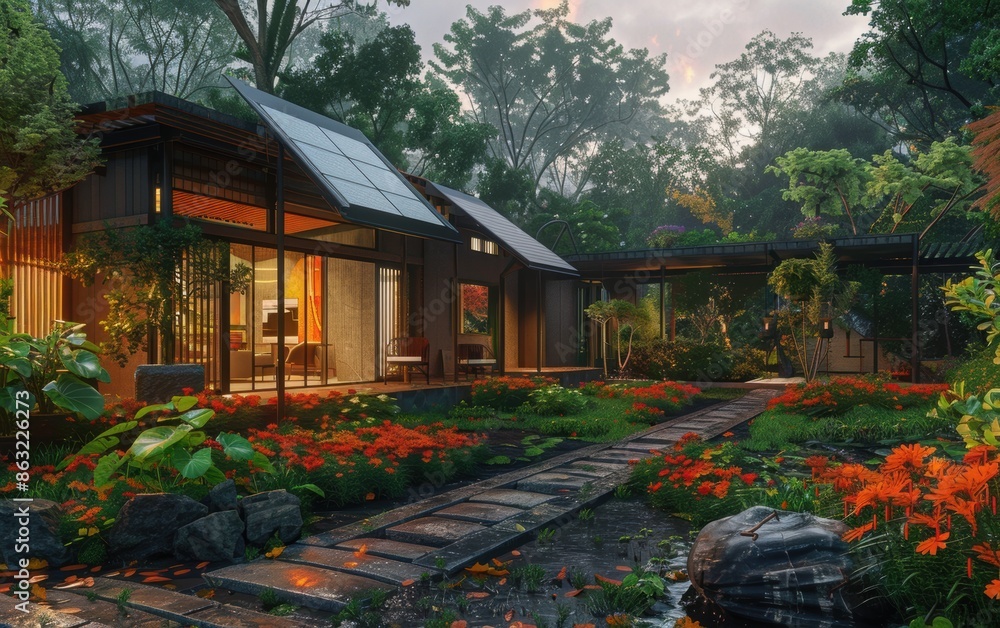 Sustainable living concept, an eco-friendly house with rainwater ...