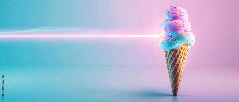Vibrant ice cream on cone against pastel background with light beam ...