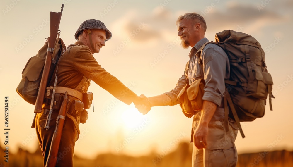 Two soldiers, each from different historical eras, shake hands in an ...